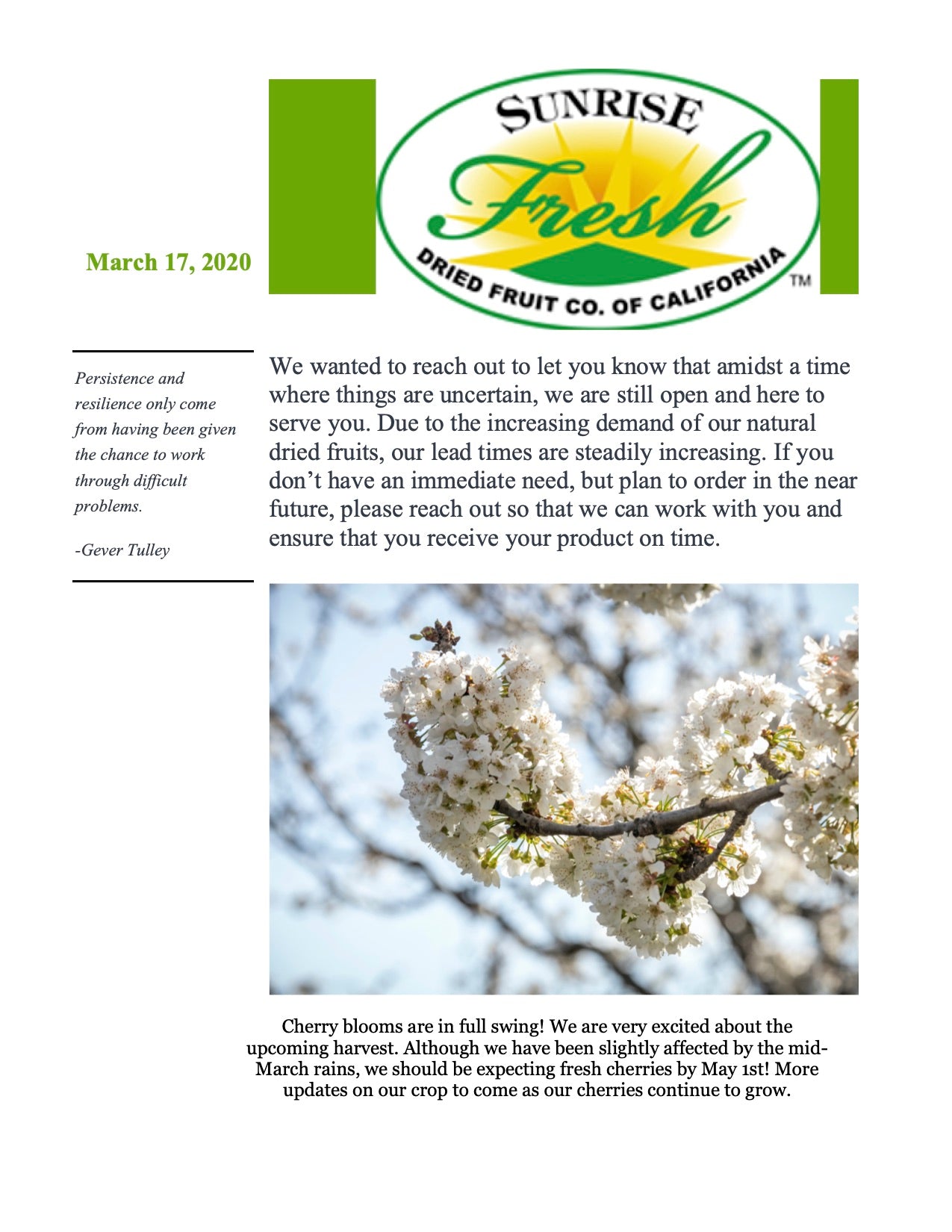 Newsletter | Sunrise Fresh | Sunrise Fresh Dried Fruit